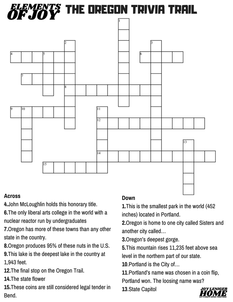 Crossword Solution Key: Oregon Trail – Joy Leniger Home